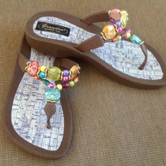Grandco | Shoes | Closeout Jeweled Brown Marble Cork Sandals Grandco ...
